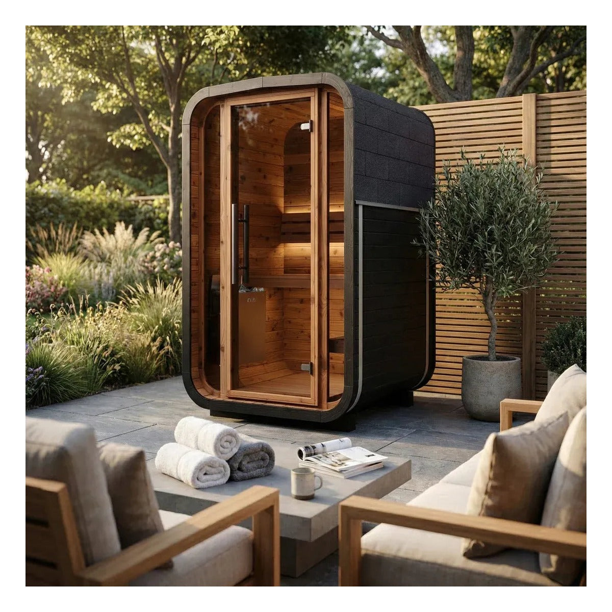 2 Person Outdoor Sauna UK | Narvi 6kW Cube | Steam & Oak